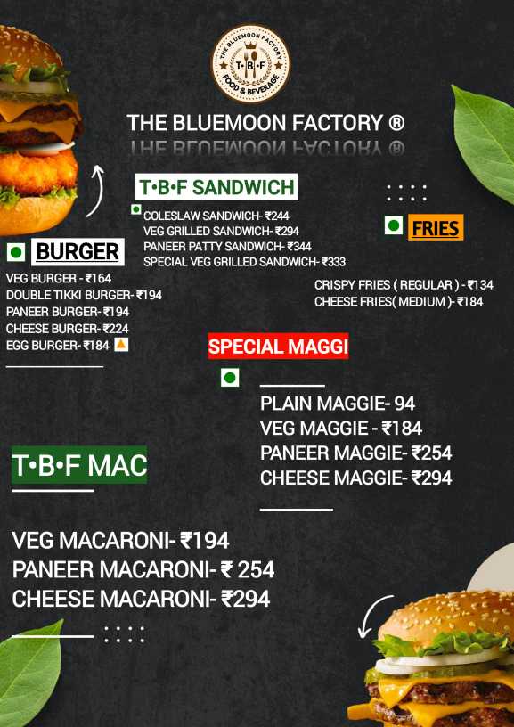 Menu of The Bluemoon Factory, Jankipuram, Lucknow
