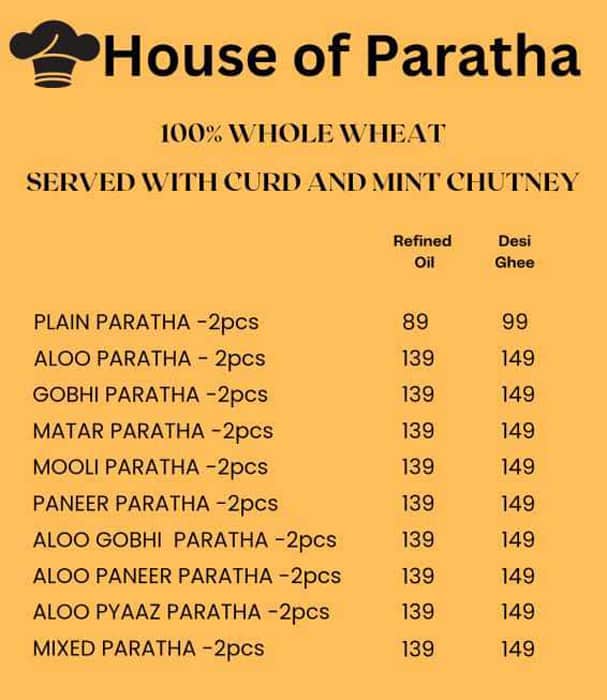 Menu of House Of Paratha, HSR, Bangalore