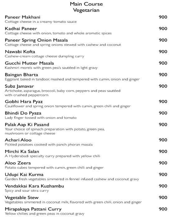 Menu at Jamavar - The Leela Palace, Bengaluru