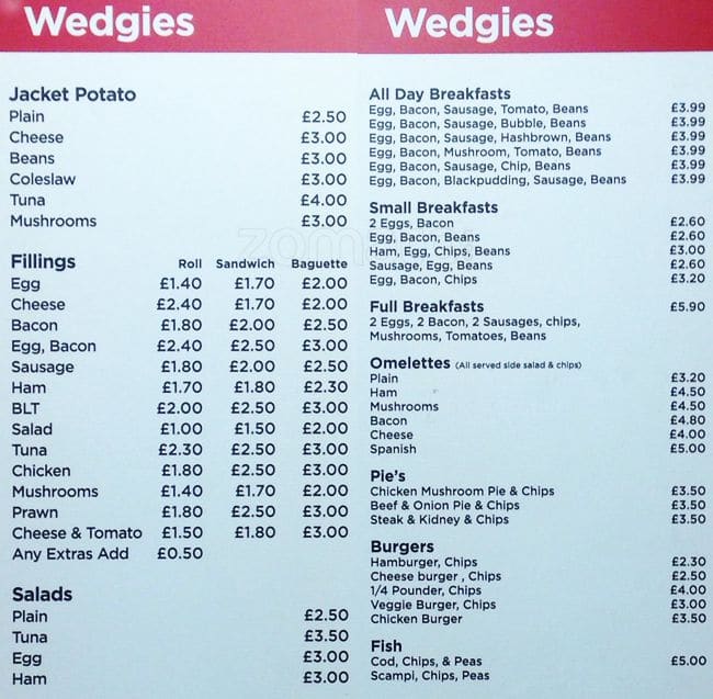 Wedges Sandwich Bar Menu, Menu for Wedges Sandwich Bar, Woolwich ...