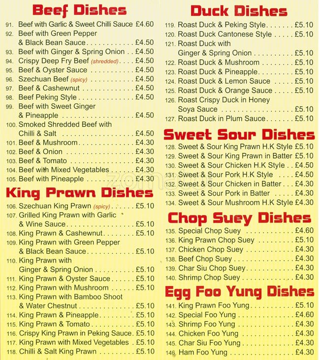 Menu at Golden Phoenix restaurant, Glasgow