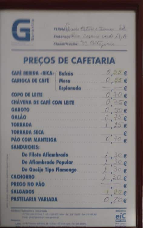 Menu em Angolano café, Lisboa, R. Cesário Verde