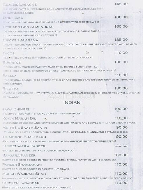 Menu at Equinox, Pune