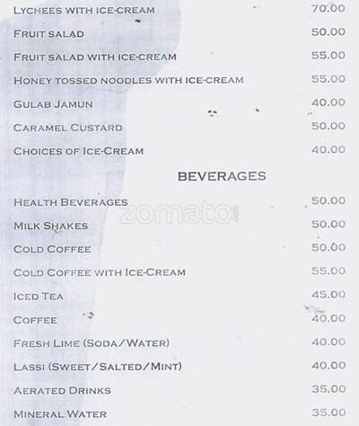 Menu at Equinox, Pune