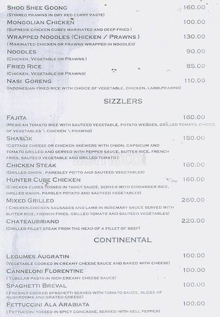 Menu at Equinox, Pune
