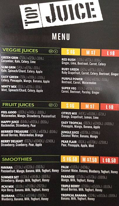 Menu at Top Juice, Doncaster