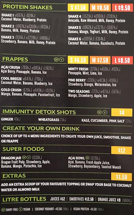 Menu at Top Juice, Doncaster