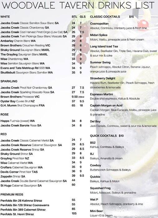 Menu at The Woodvale Tavern pub & bar, Woodvale