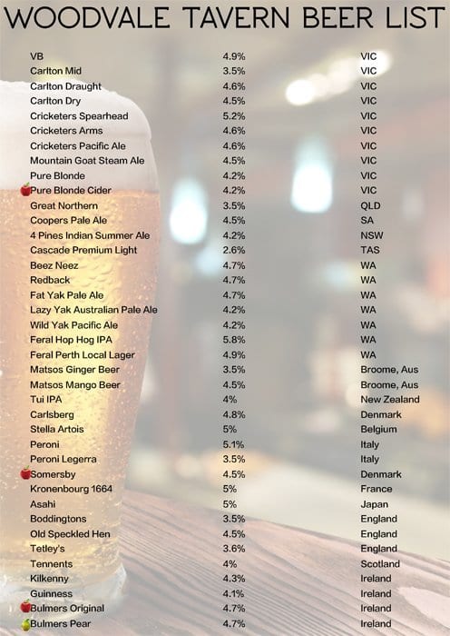 Menu at The Woodvale Tavern pub & bar, Woodvale