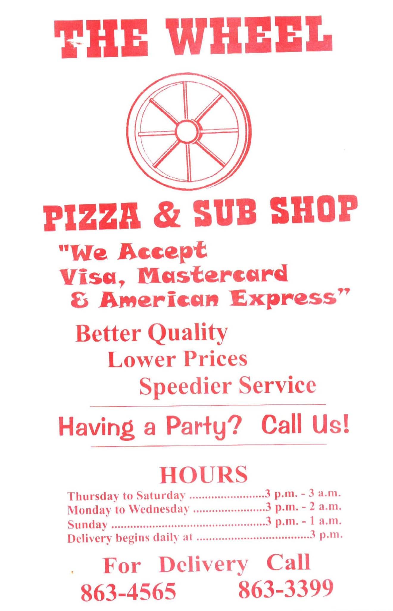 Menu at The Wheel Pizza & Sub Shop pizzeria, Antigonish