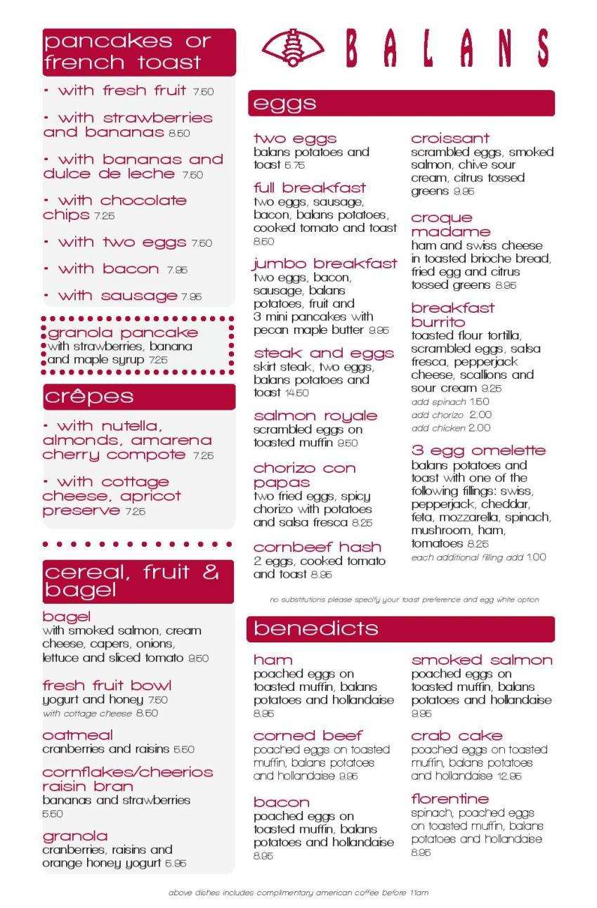 Menu at Balans restaurant, Miami, Biscayne Blvd