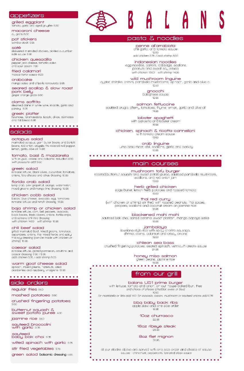 Menu at Balans restaurant, Miami, Biscayne Blvd