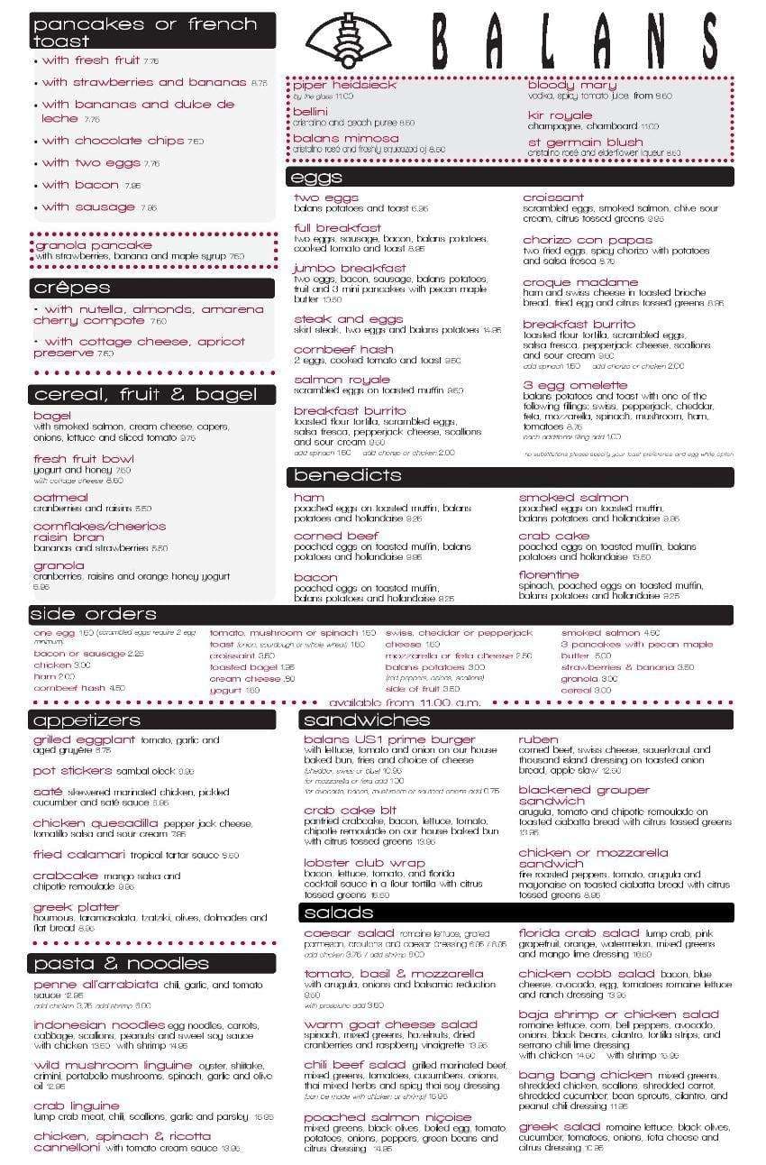 Menu at Balans restaurant, Miami, Biscayne Blvd