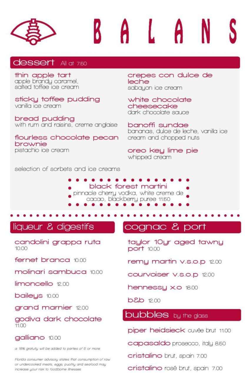 Menu at Balans restaurant, Miami, Biscayne Blvd