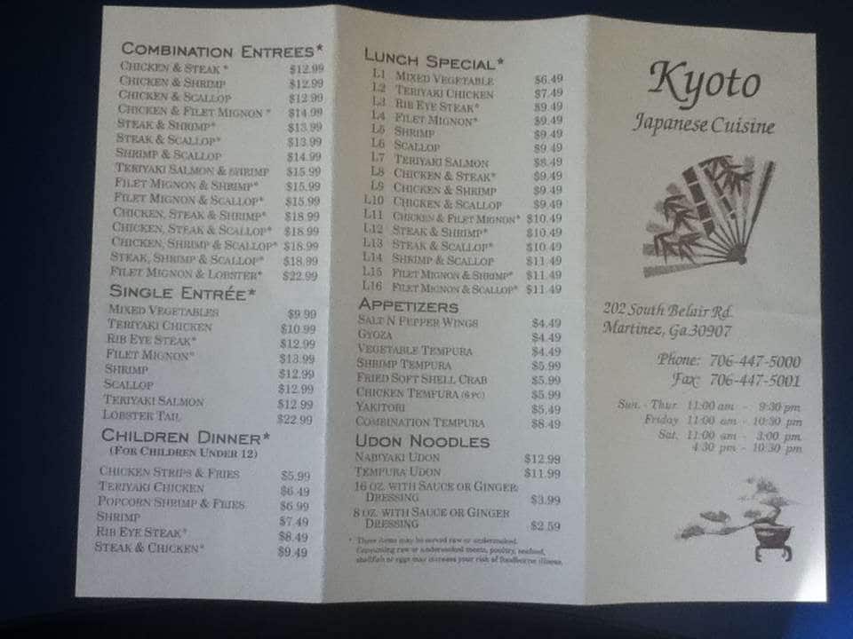 Menu at Kyoto Japanese Cuisine restaurant, Augusta