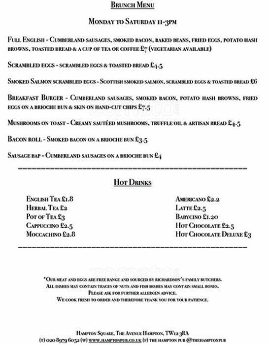 Menu at Hampton Pub, Hampton