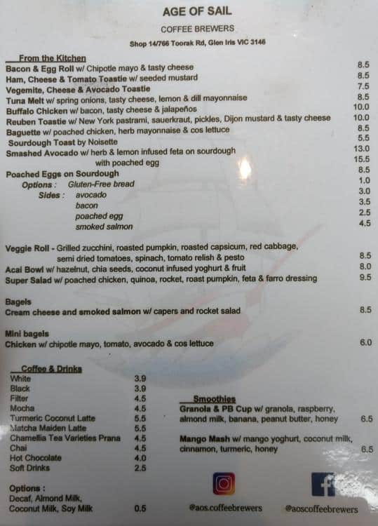 Menu at Nigel cafe, Glen Iris