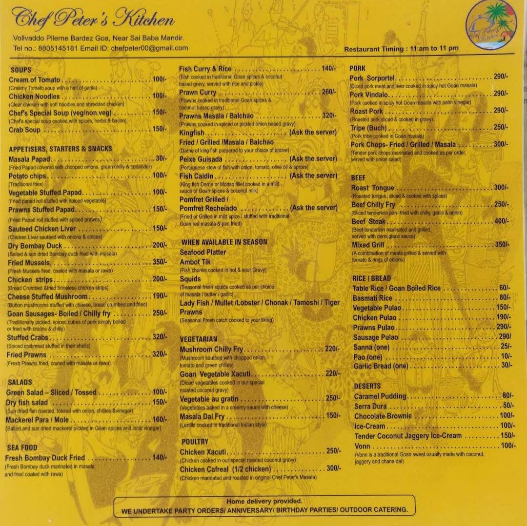 Menu at Chef Peter's Kitchen, Candolim