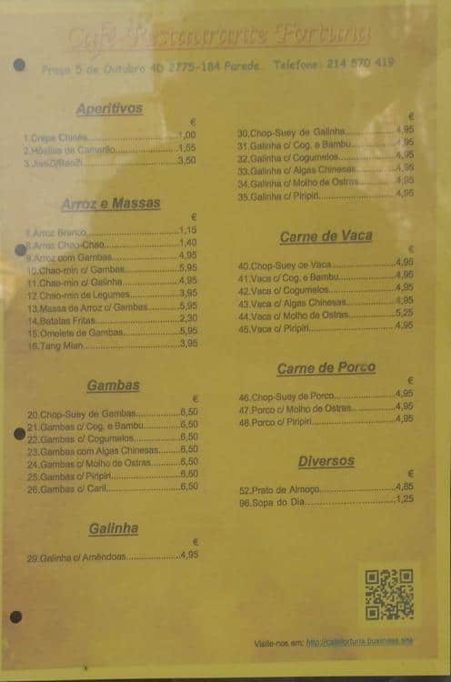Menu at Fortuna Restaurante, Parede