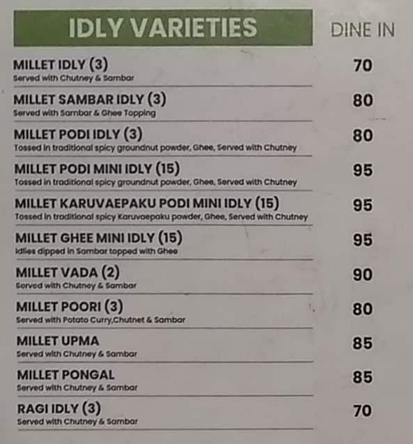 Menu at Millet Marvels, Hyderabad, Kapil Towers