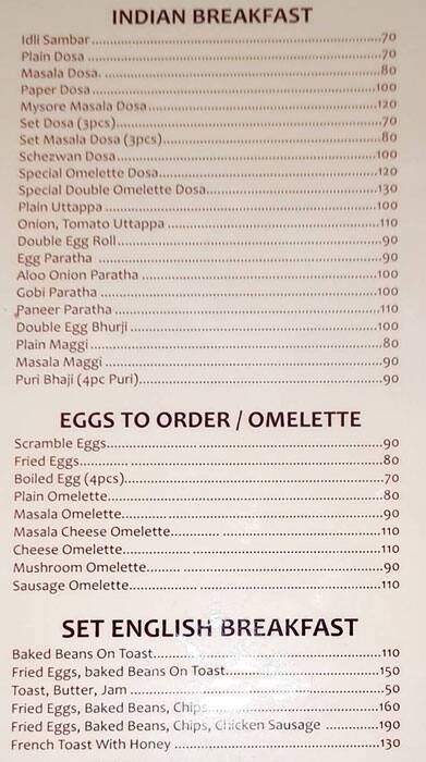 Menu of Café Sancora, Baga, Goa