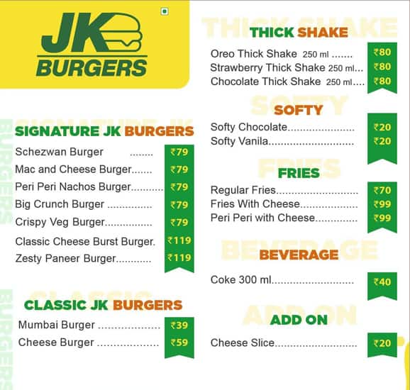 Menu of JK Burgers, Azad Nagar, Mumbai