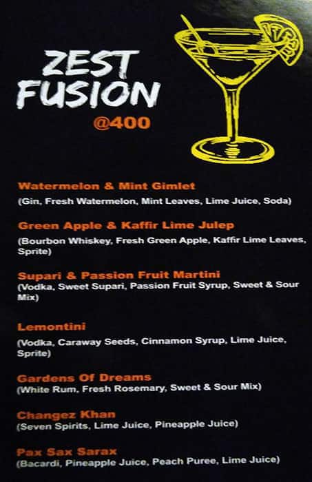 Menu of ZEST Astor18 Bar And Lounge, Sector 18, Noida