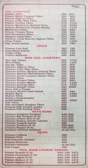 Menu of Raj Restaurant, Chembur, Mumbai