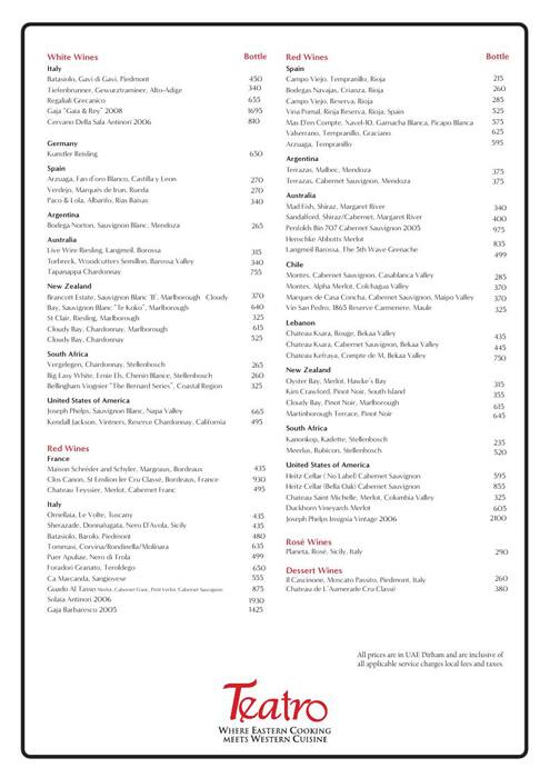 Menu at Teatro - Fine Dining Restaurant, Abu Dhabi, Park Rotana Al ...