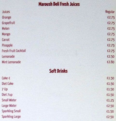Menu at Maroush cafe, London, 45-49 Edgware Road