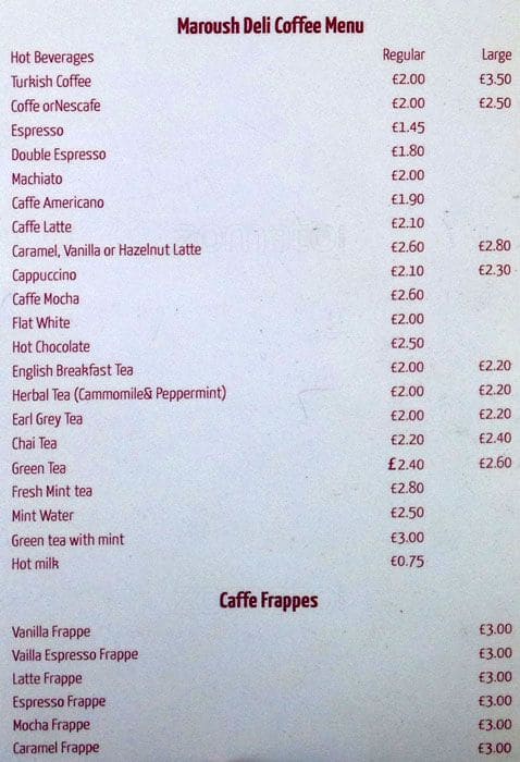 Menu at Maroush cafe, London, 45-49 Edgware Road