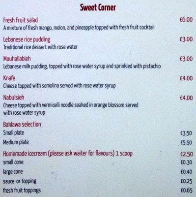 Menu at Maroush cafe, London, 45-49 Edgware Road