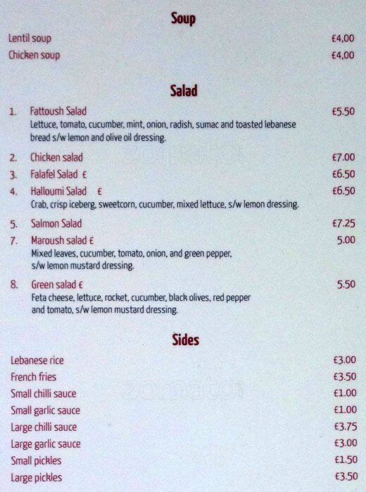 Menu at Maroush cafe, London, 45-49 Edgware Road