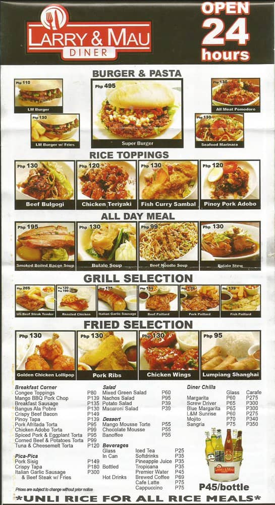 Menu at Larry & Mau Diner, Mandaluyong