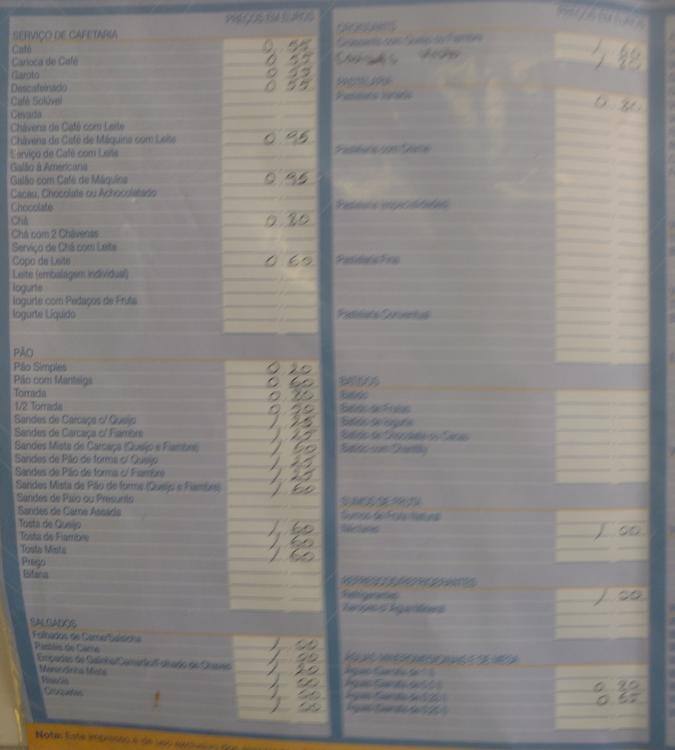 Menu at Primor Oriental cafeteria, Lisbon