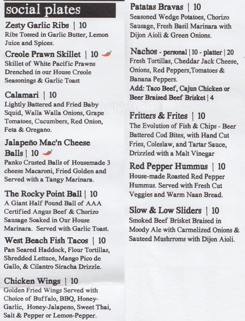 Menu at Rocky Point Taphouse pub & bar, Port Moody, St. Johns Street