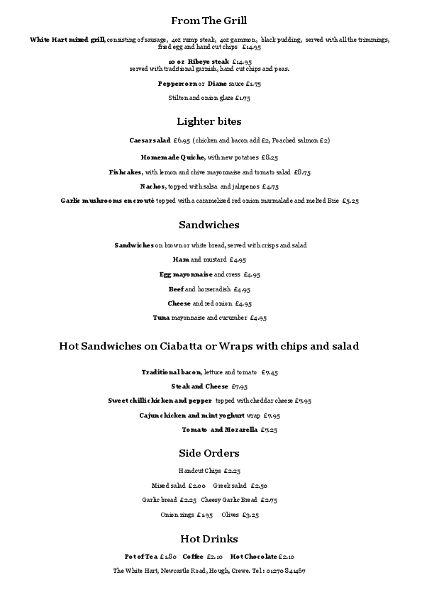 Menu at The White Hart pub & bar, Crewe