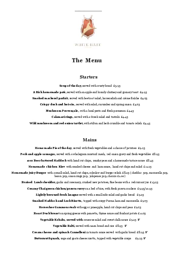 Menu at The White Hart pub & bar, Crewe