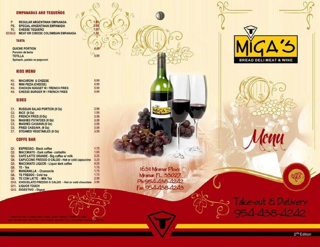 Menu at Miga's pub & bar, Doral