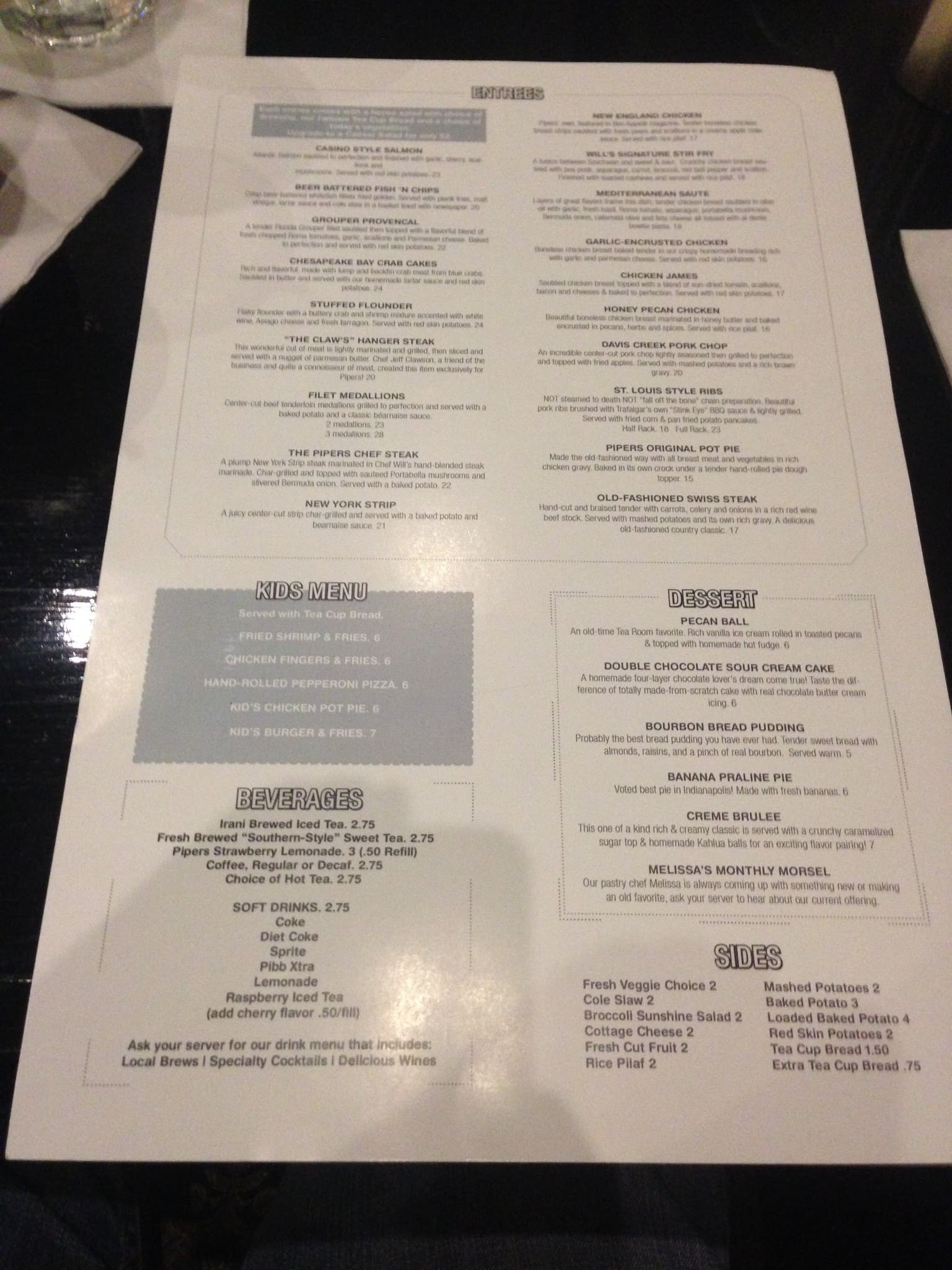 Menu at Pipers Restaurant, Indianapolis, W Southport Rd