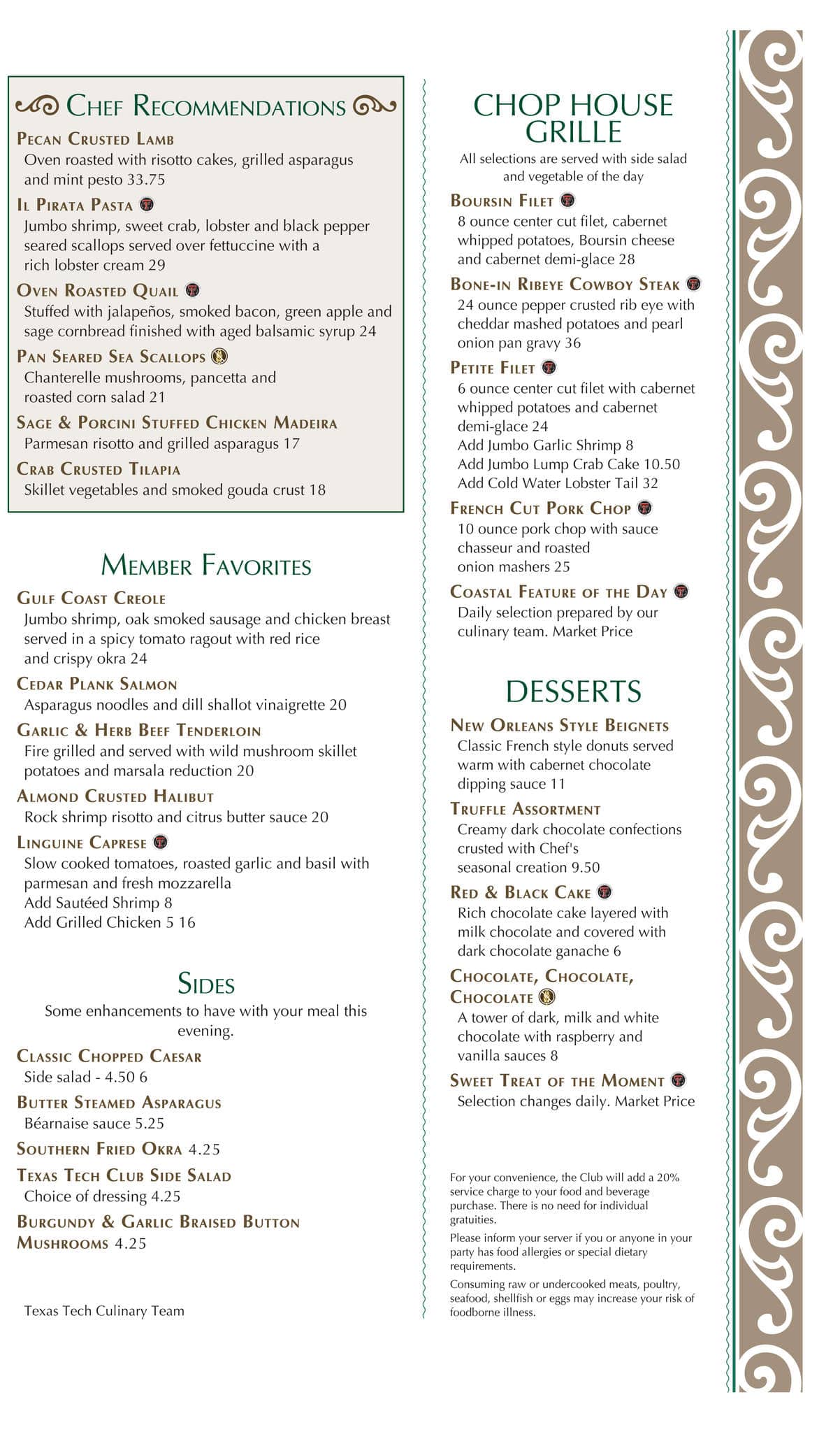 Menu at The Texas Tech Club, Lubbock, E 6th St Jones At&T Stadium