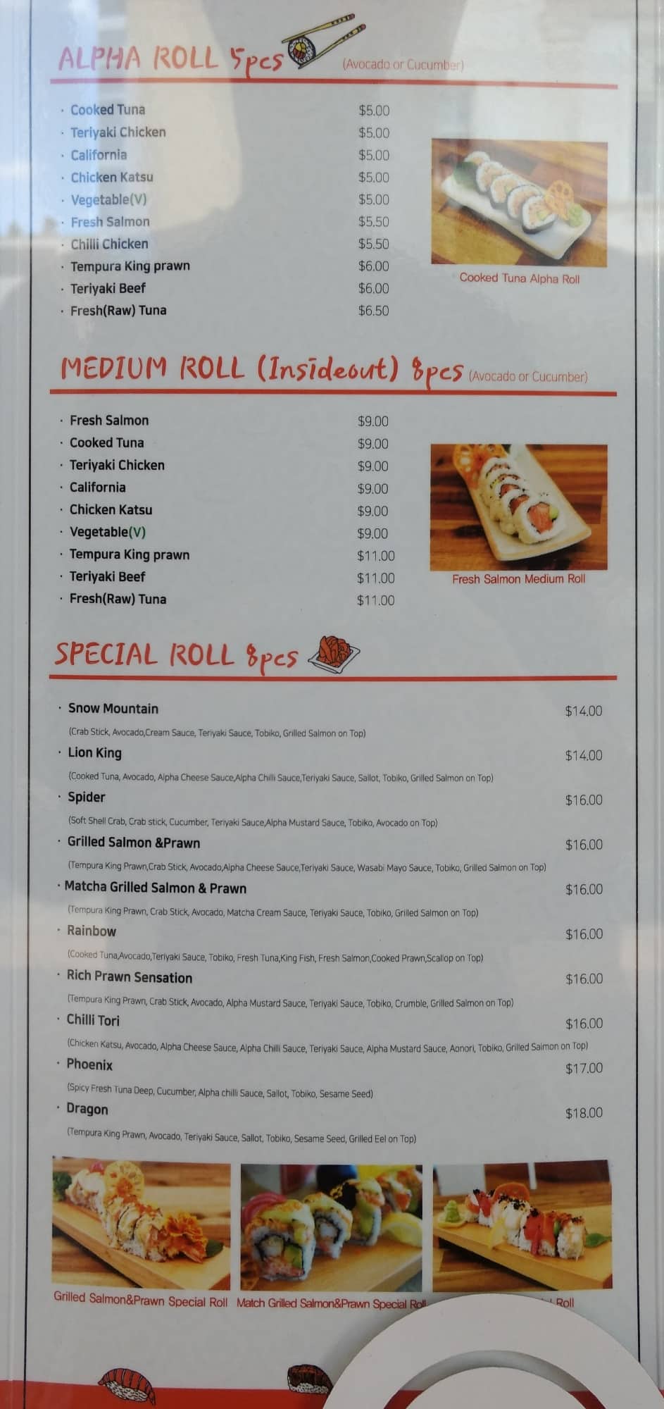 Menu at Alpha sushi restaurant, Parramatta