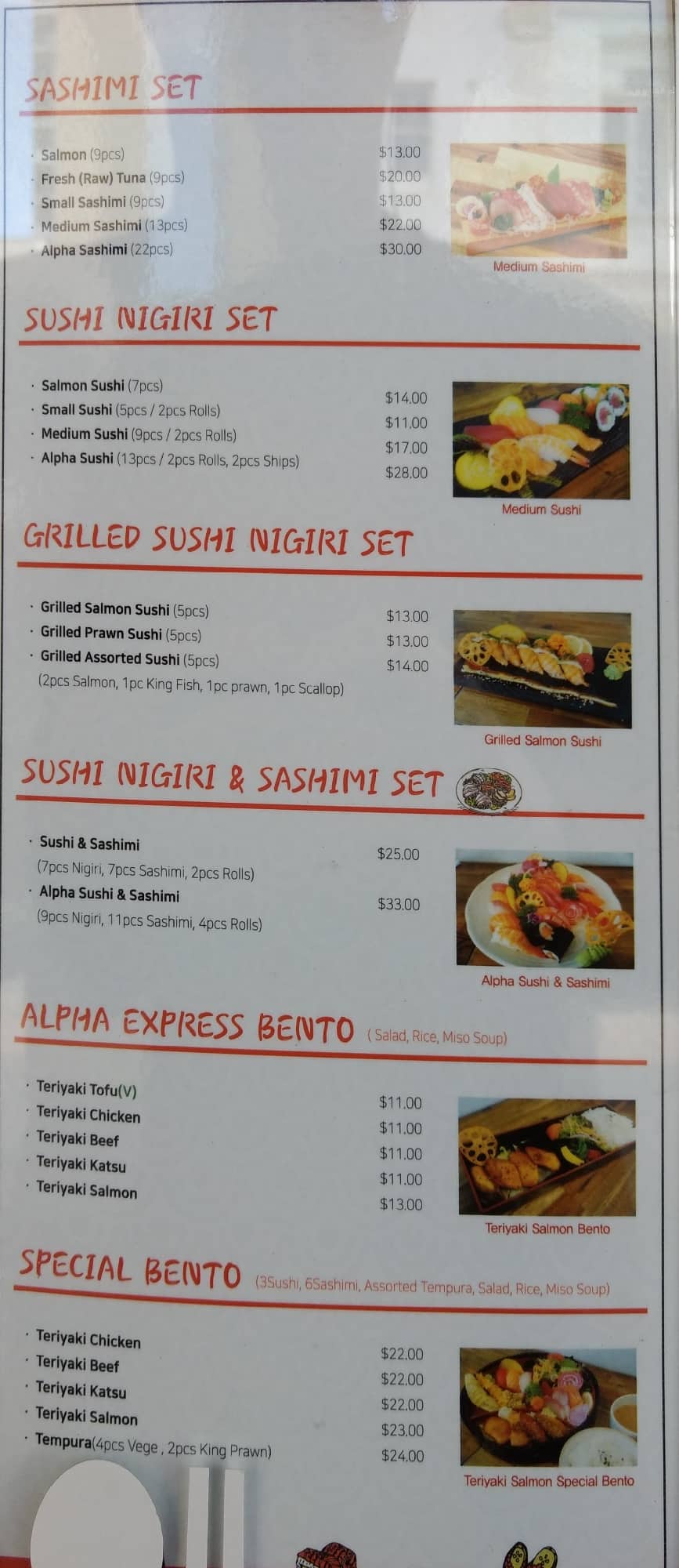 Menu at Alpha sushi restaurant, Parramatta