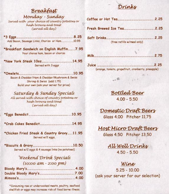 Menu at Steve's Bar & Grill, Bellevue