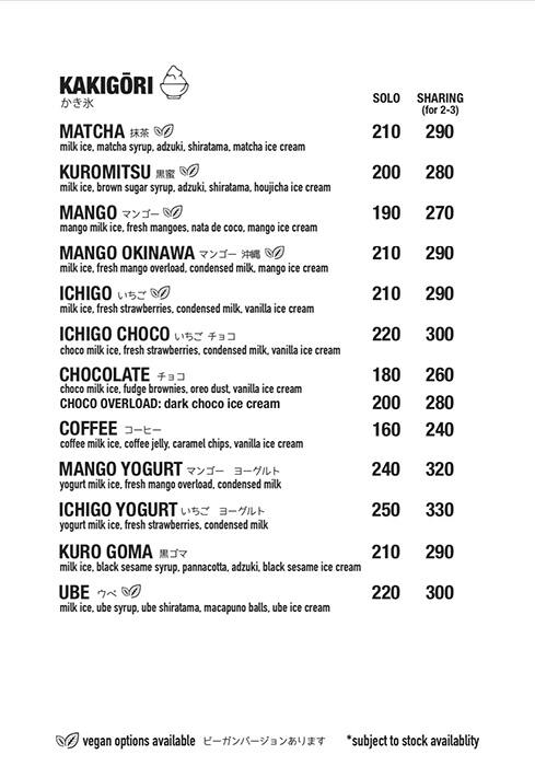 Menu at Ikigai Kakigori Cafe, Quezon City, 305 Pos building
