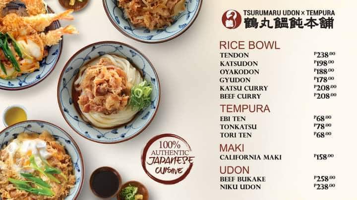 Menu at Tsurumaru Udon X Tempura restaurant, Quezon City, J35J+MG2