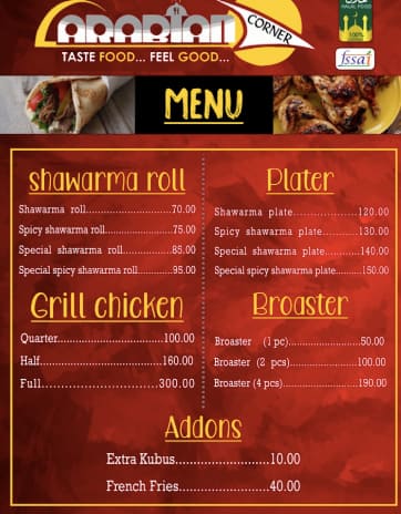 Menu at Arabian corner, Bengaluru