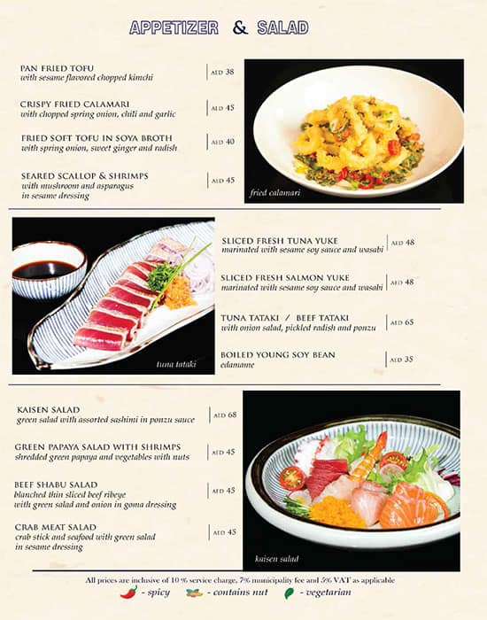 Menu at Yuraku restaurant, Dubai