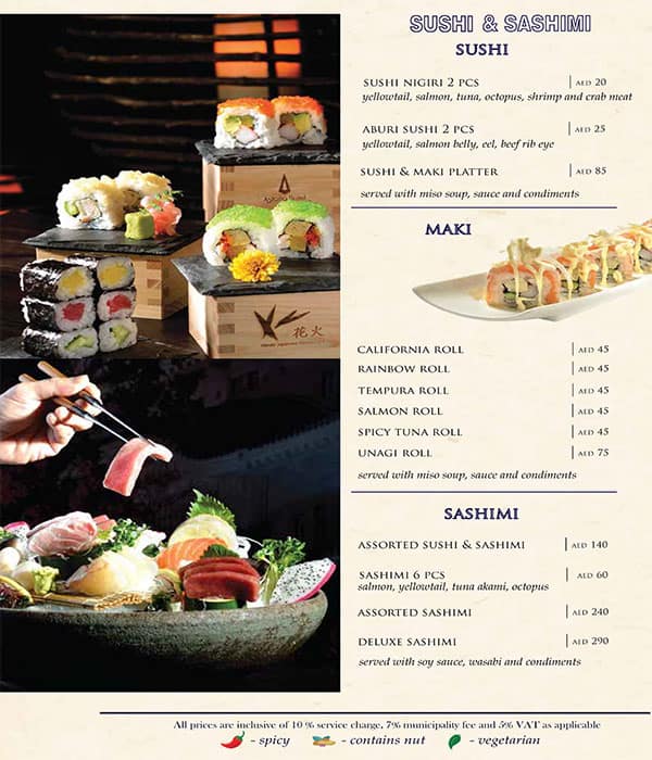 Menu at Yuraku restaurant, Dubai