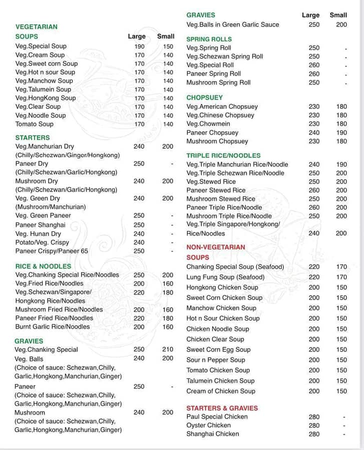 Menu of Paul Chinese, Lower Parel, Mumbai